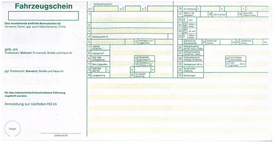 Wzór niemieckiej karty pojazdu (Fahrzeugbrief)- rewers : Akcyza samochodowa